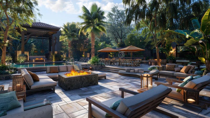 Poolside Lounge Features Elegant Furniture and Fire Pits with Garden ...