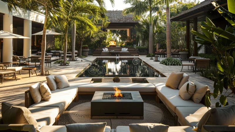 Poolside Lounge Features Elegant Furniture and Fire Pits with Garden ...