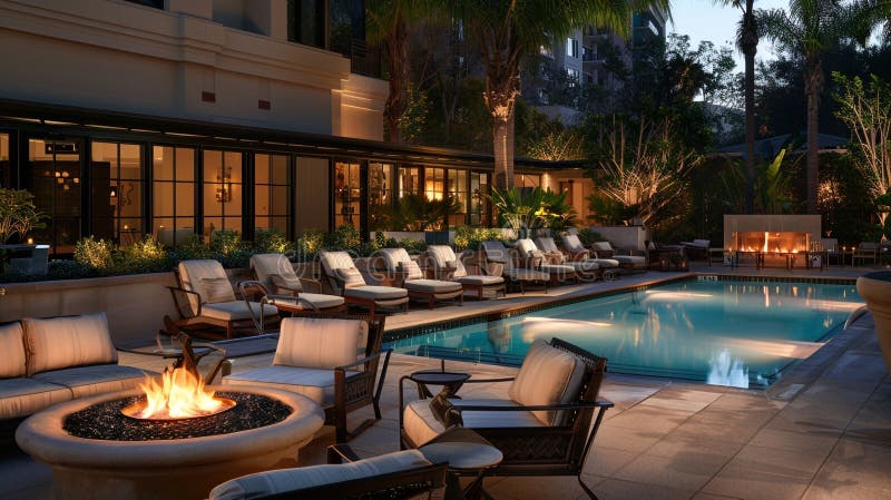 Poolside Lounge Featuring Elegant Furniture and Fire Pits with Garden ...