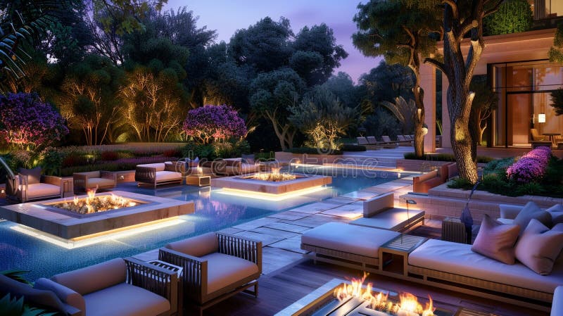 Poolside Lounge Featuring Elegant Furniture and Fire Pits in a Garden ...