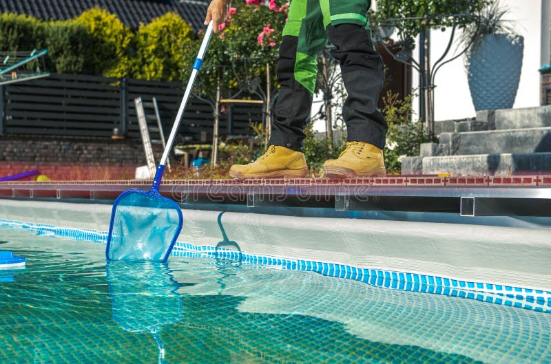 Poolside Maintenance Worker Cleaning Water Surface with a Net Stock ...