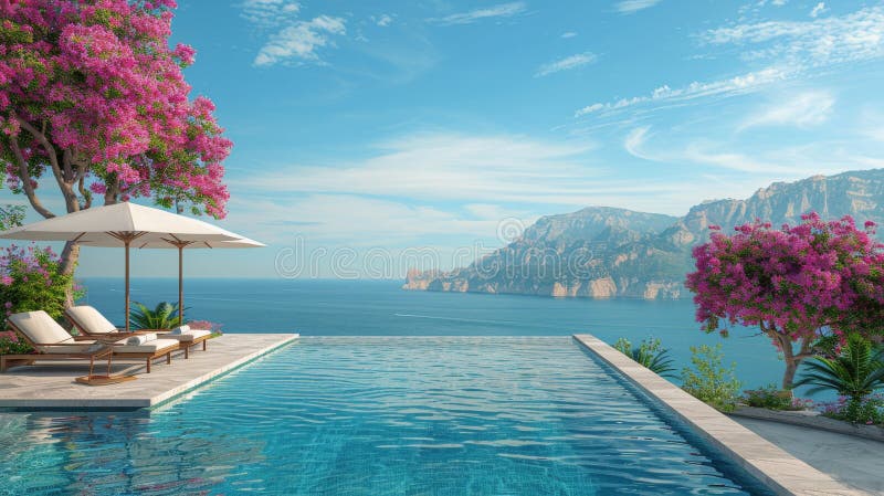 Poolside Oasis with Lounge Chairs and Umbrellas Stock Image - Image of ...