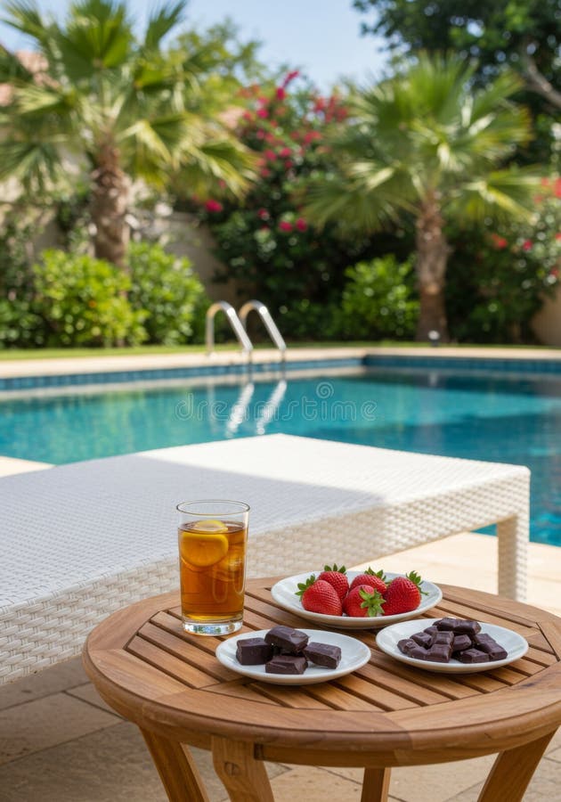 Poolside Relaxation with Strawberries and Chocolate Stock Illustration ...