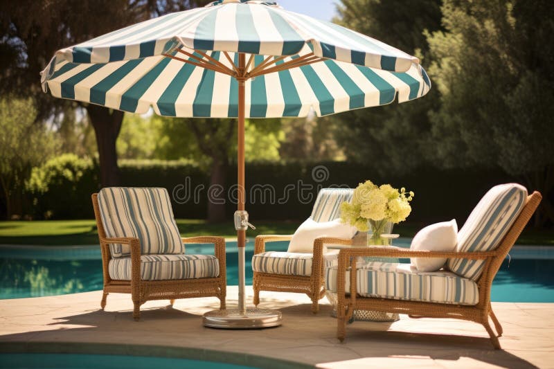 Poolside Umbrella Matching a Set of Woven Wicker Chairs Stock Image ...