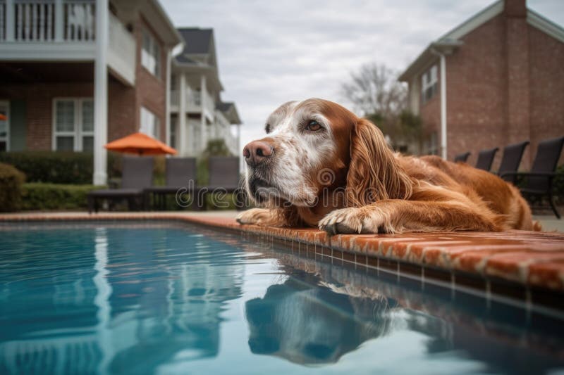Poolside View of Dog Resting on a Wet Deck Stock Image - Image of ...
