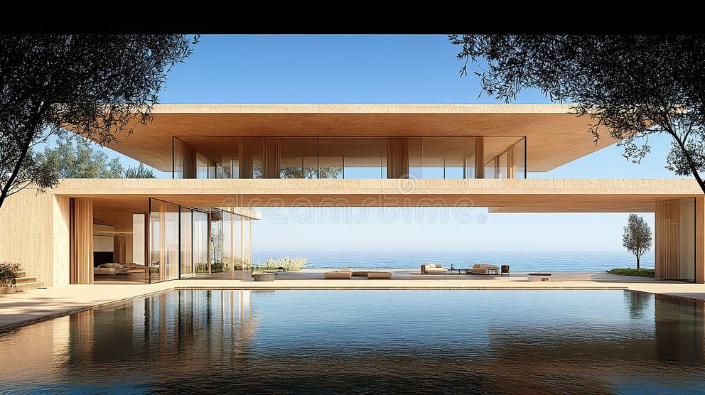 Poolside View, Home, Ocean Sky Backdrop Estate Ad Stock Illustration ...