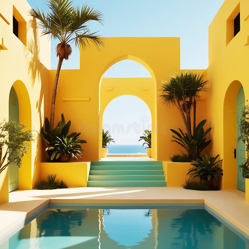Poolside Yellow Color Architecture Indoor with Arches and Palm Trees ...