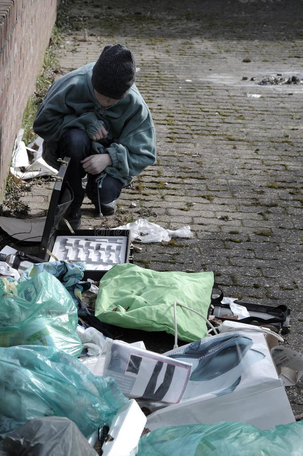 Poor Boy Searching in the Garbage Stock Photo - Image of male, search ...