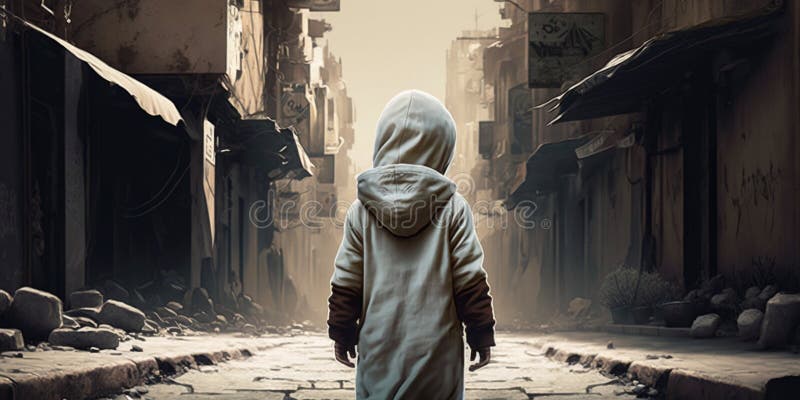 Poor Boy Walking in the Apocaliptical City Streets Stock Illustration ...