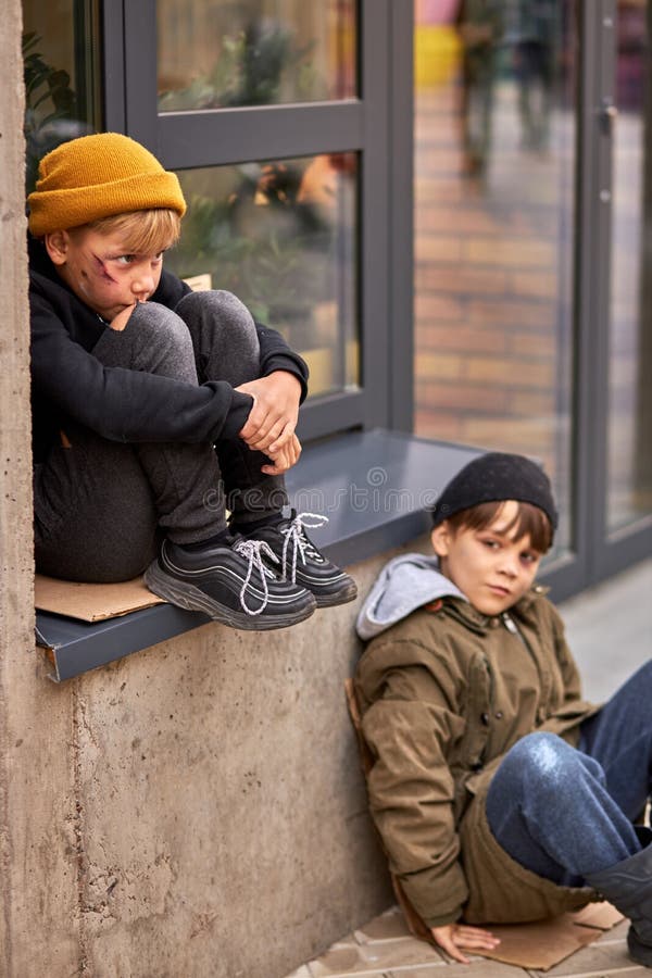Poor Child Boy with Friend Sit Alone, Begging Stock Image - Image of ...
