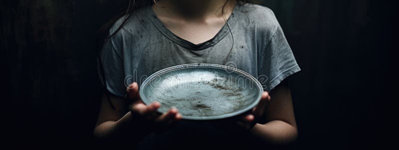 A Poverty Child Holding a Empty Plate. Hunger Concept. Poverty and ...