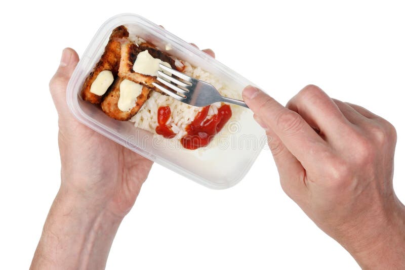Poor Elderly Man Eating Fried Fish with Rice from a Plastic Cont Stock ...