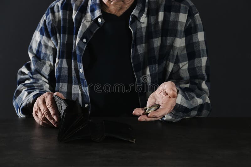 Poor Elderly Man with Empty Wallet and Coins Stock Image - Image of ...
