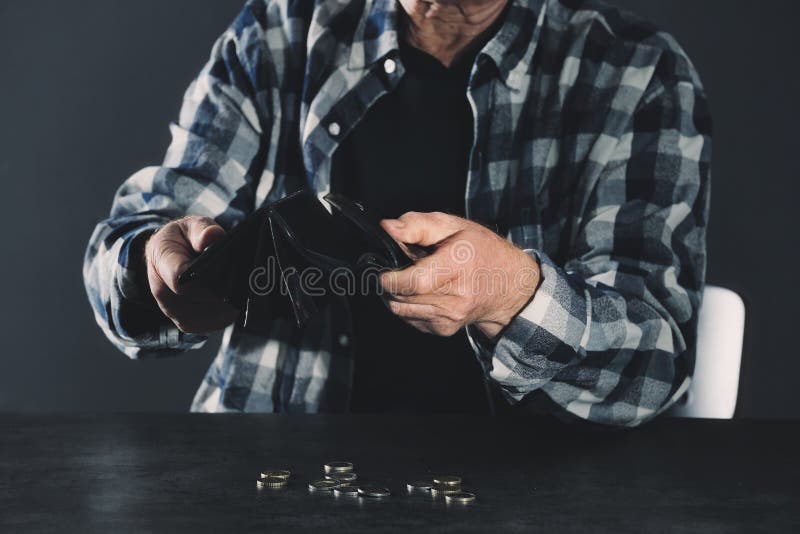 Poor Elderly Man with Empty Wallet and Coins at Table, Closeup Stock ...