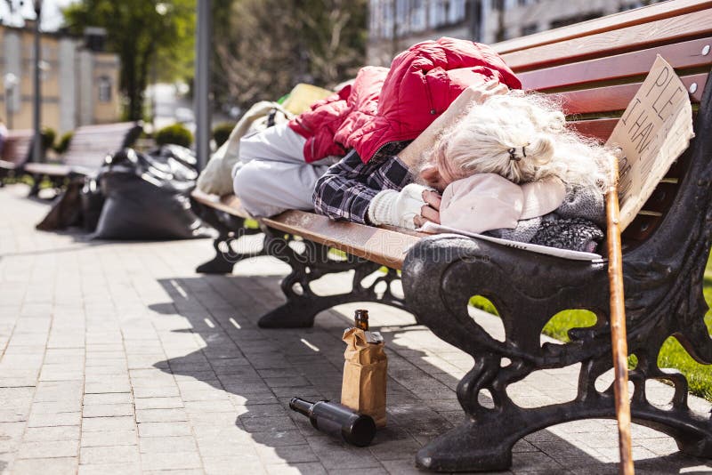 Poor Elderly Man Living on the Bench Stock Photo - Image of beggar ...