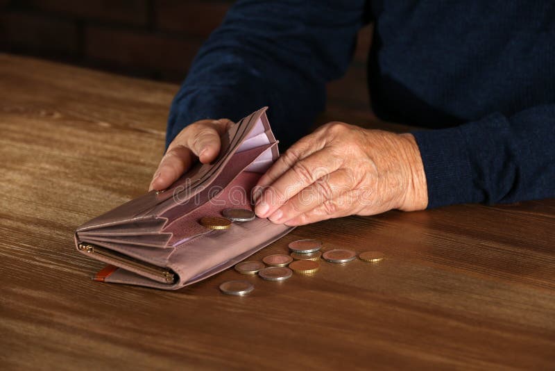 Poor Elderly Woman Counting Coins at Table Stock Photo - Image of ...