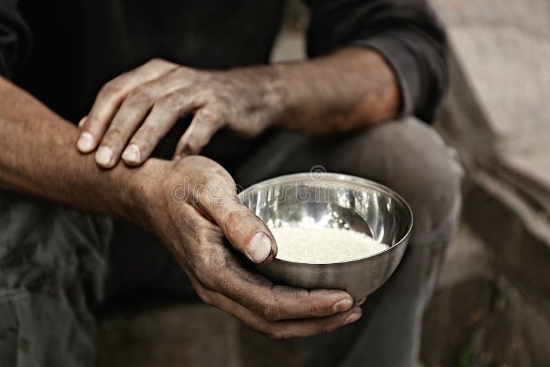 Poor Homeless Man with Bowl of Rice Outdoors Stock Image - Image of ...