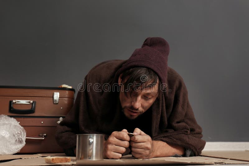 Poor Homeless Man Counting Coins Stock Photo - Image of finance ...