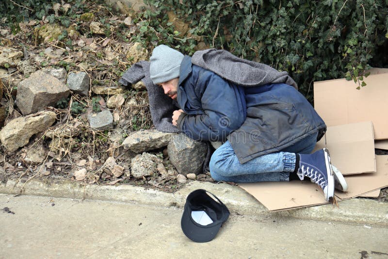 Poor Homeless Man Lying on Street Stock Image - Image of ground ...