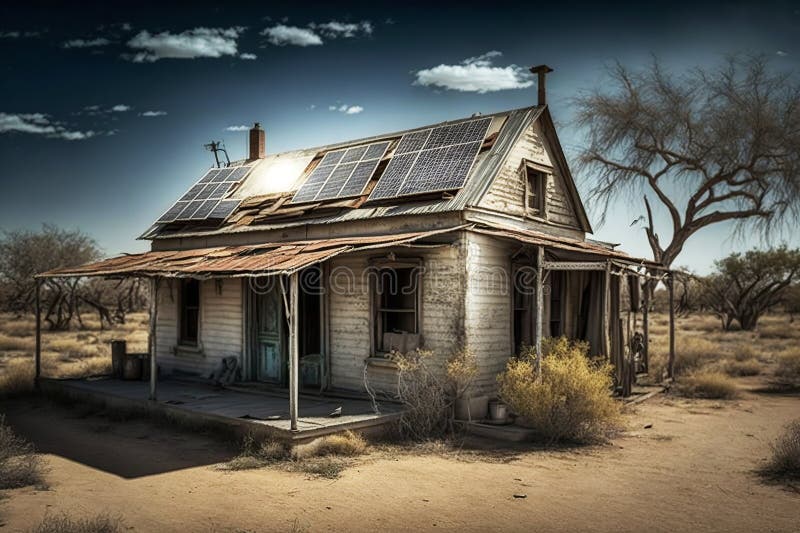 Poor House in the Desert with Solar Panels. Generative AI. Stock ...