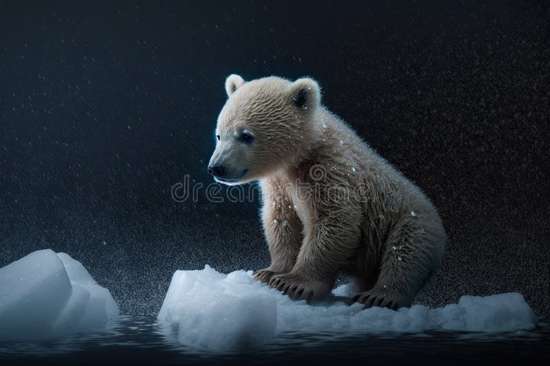 A Poor Little White Bear Cub Sits on a Block of Ice Floating on the ...