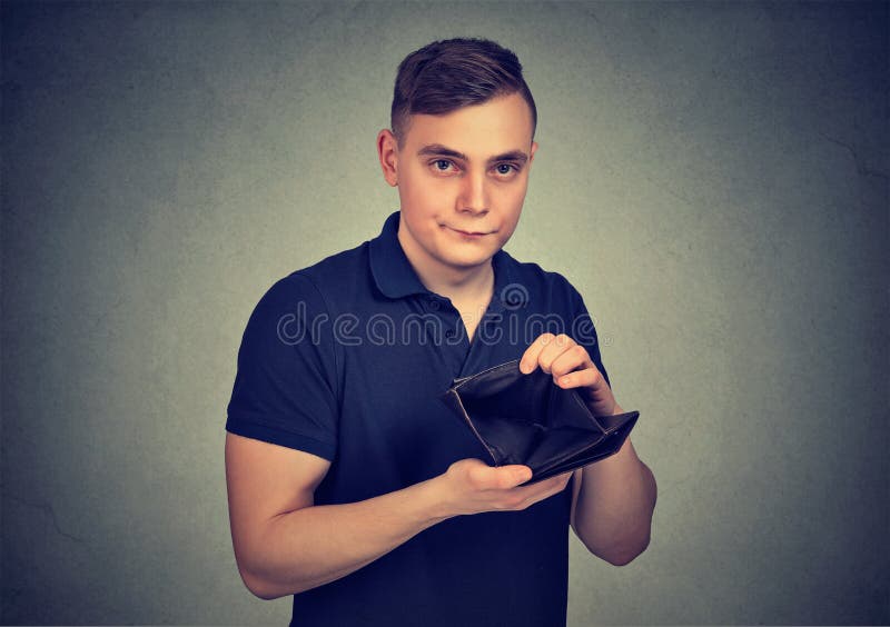 Poor man with empty wallet stock photo. Image of cash - 126185994