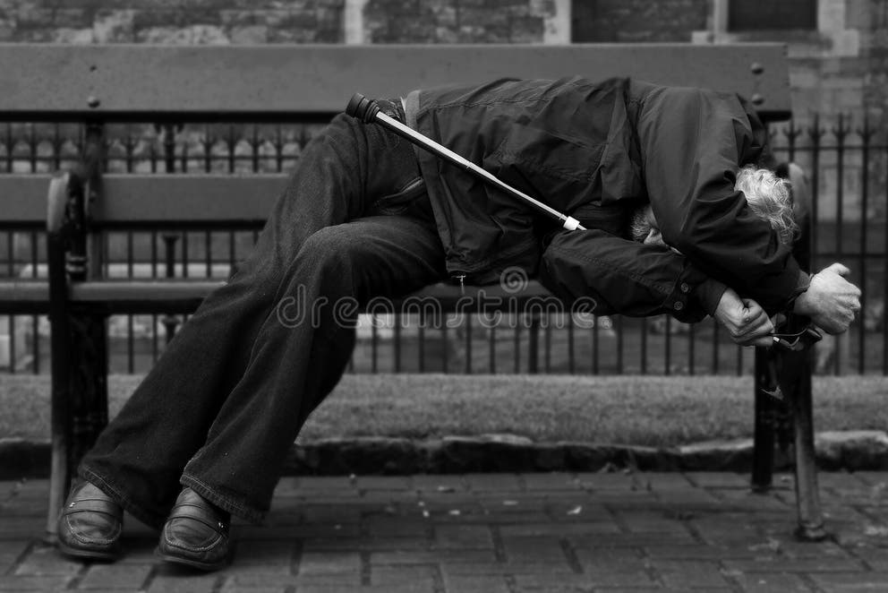 Poor man sleeping on bench editorial stock photo. Image of cold - 153687388