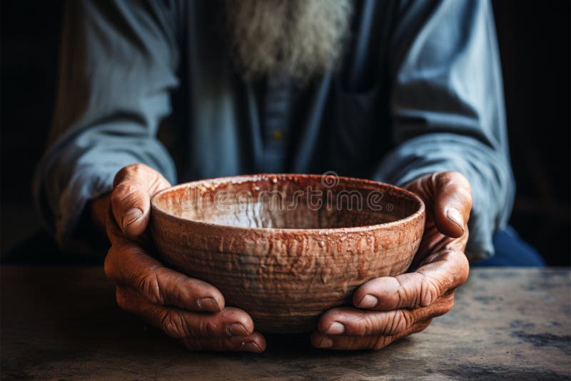 Poor Old Mans Hands with Empty Bowl, Symbolizing Hunger and Poverty ...
