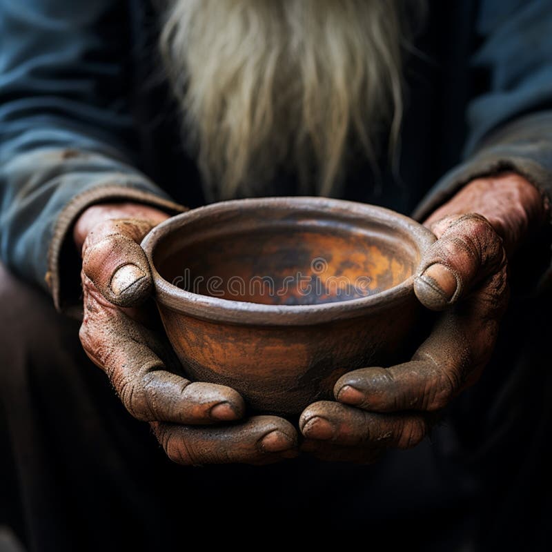 Poor Old Mans Hands with Empty Bowl, Symbolizing Hunger and Poverty ...