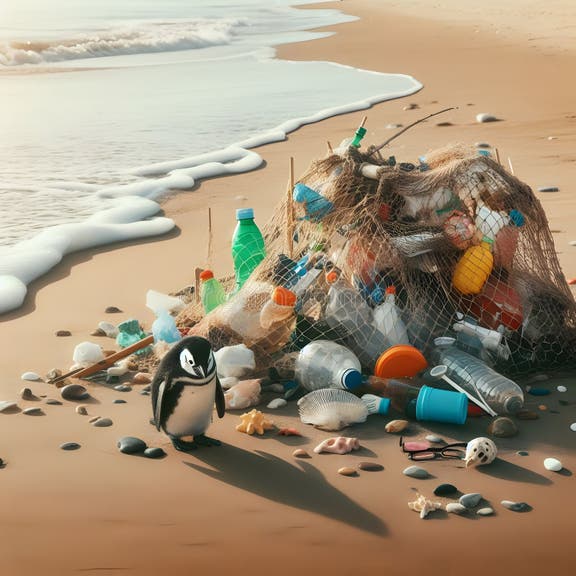 A Poor Penguin in a Net with Various Garbage on a Sandy Beach Stock ...