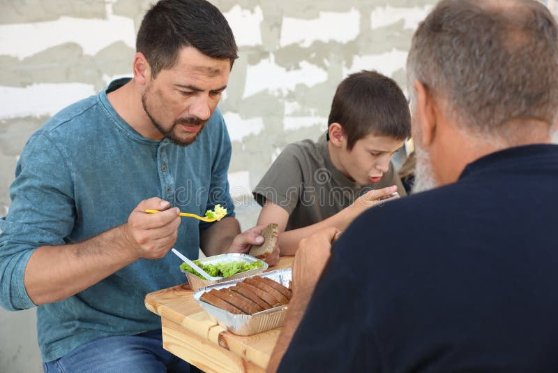 Poor People Eating Food at Wooden Table Stock Image - Image of feed ...