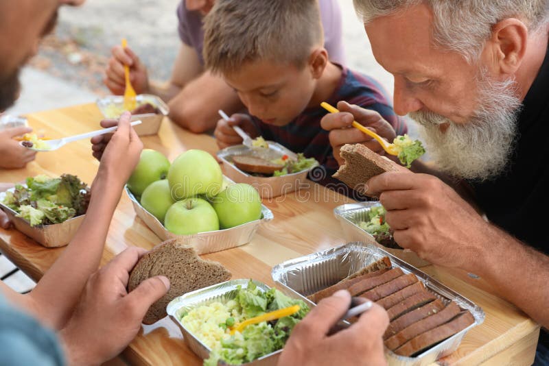 Poor People Eating Food at Wooden Table Stock Photo - Image of little ...
