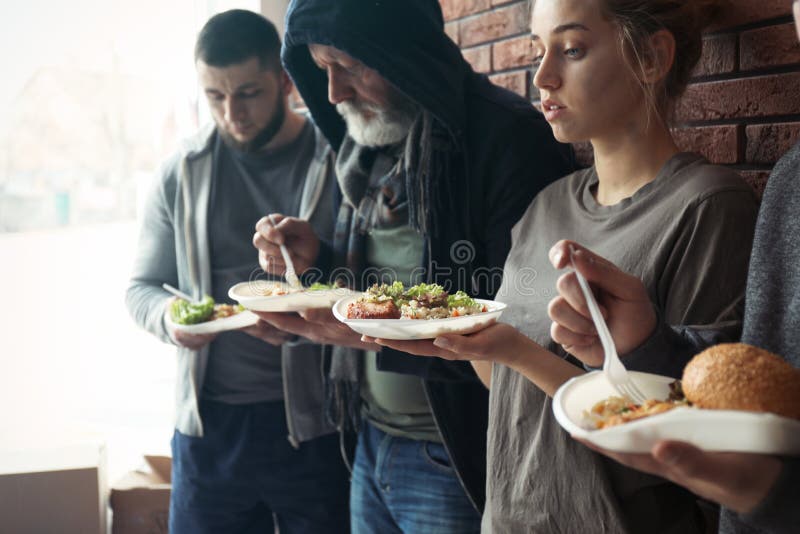 Poor People with Plates of Food at Wall Stock Image - Image of donation ...