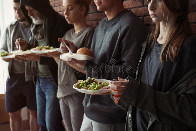 Poor People with Plates of Food at Wall Stock Photo - Image of drink ...