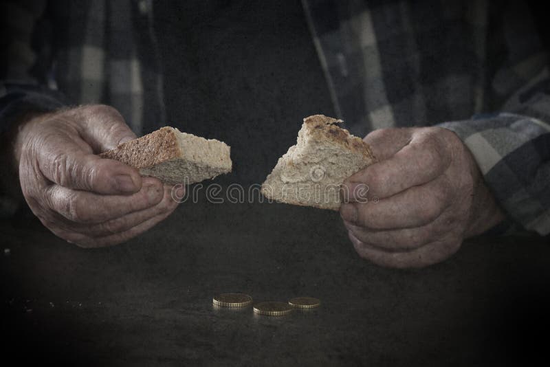 Poor Senior Man with Bread at Table Stock Image - Image of bread ...