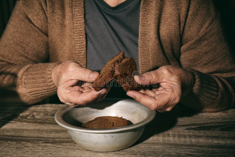 Poor Senior Woman with Bread at Table Stock Image - Image of economy ...