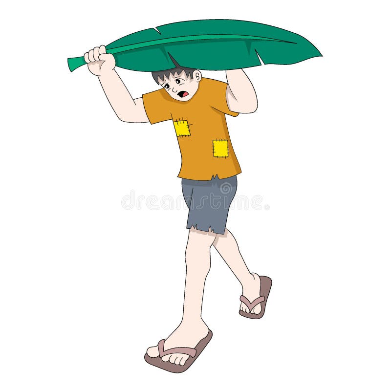 A Poor and Slum Boy is Using a Banana Leaf As an Umbrella Stock Vector ...