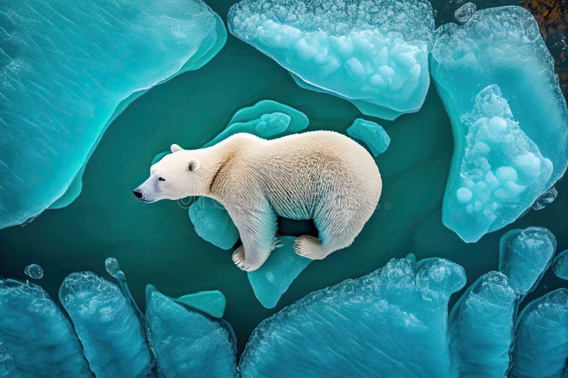 A Poor White Bear Cub Sits on a Block of Ice Floating on the Water ...