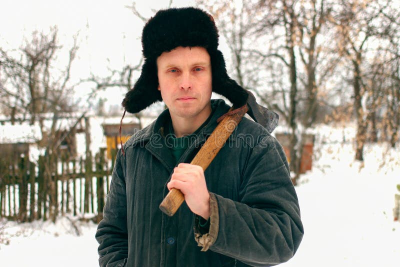 Poor Young Peasant in Winter with an Ax Stock Photo - Image of working ...
