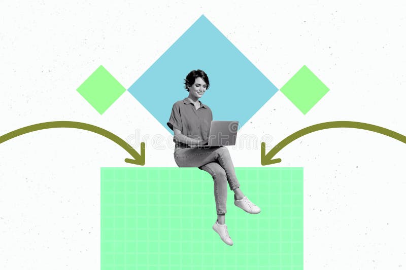 Pop Abstract Collage of Person Sit Geometry Figure with Moving Arrows ...