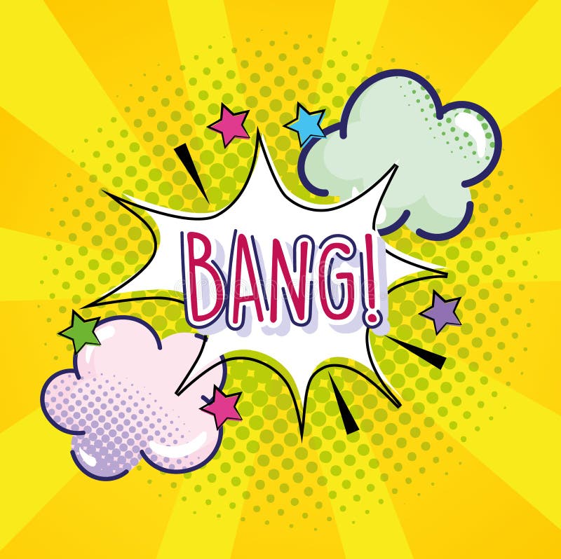 Pop Art Bang Text Explosion Clouds Stars Yellow Halftone Stock Vector ...