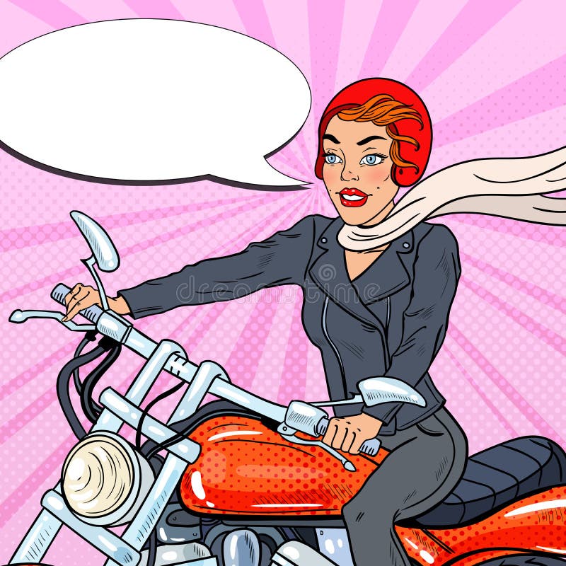Pop Art Biker Woman In Helmet Riding A Motorcycle Stock Vector