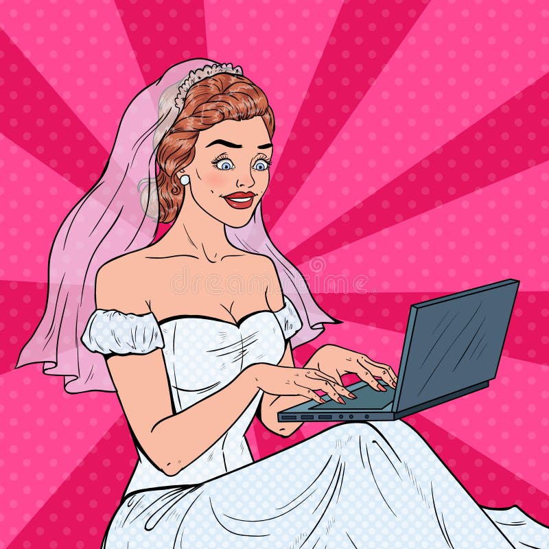 Pop Art Bride with Laptop. Young Happy Woman in Wedding Dress Shopping ... Pop Art Bride with Laptop. Young Happy Woman in Wedding Dress Shopping ...