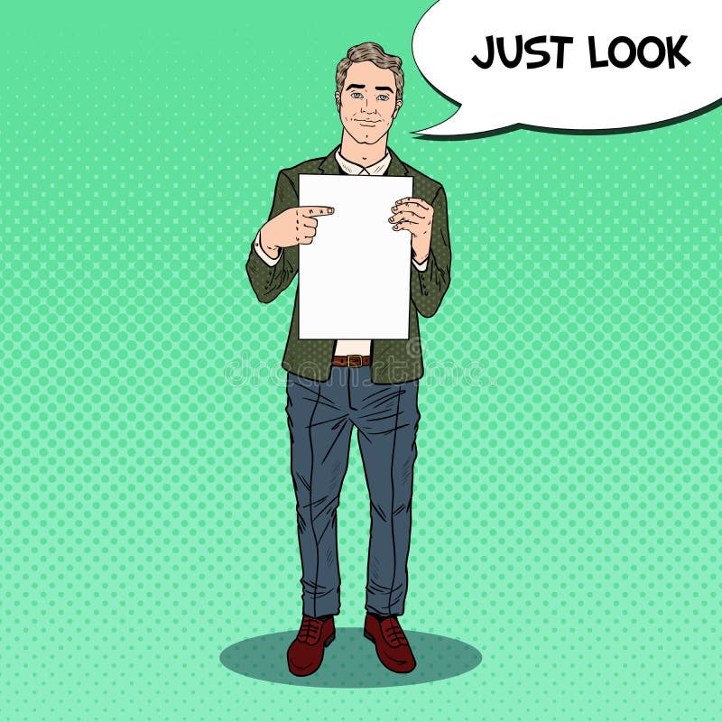 Pop Art Businessman Pointing at Blank Sheet. Business Presentation ... Pop Art Businessman Pointing at Blank Sheet. Business Presentation ...