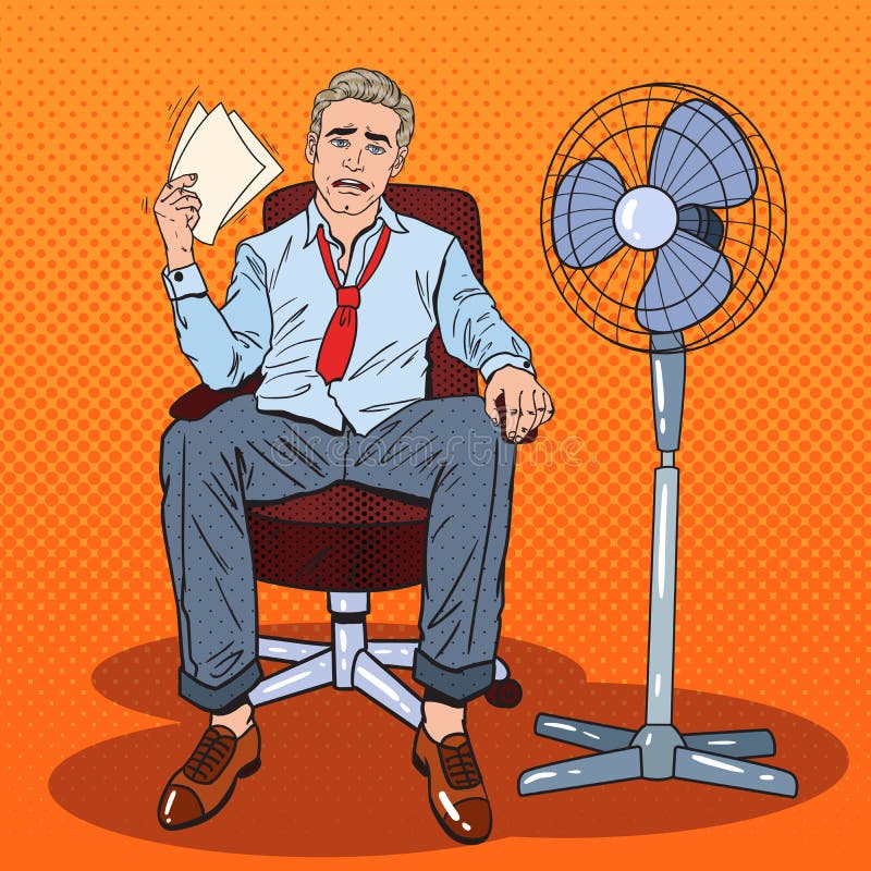 Pop Art Sweating Businessman in Front of Fan at Office Work. Summer ...