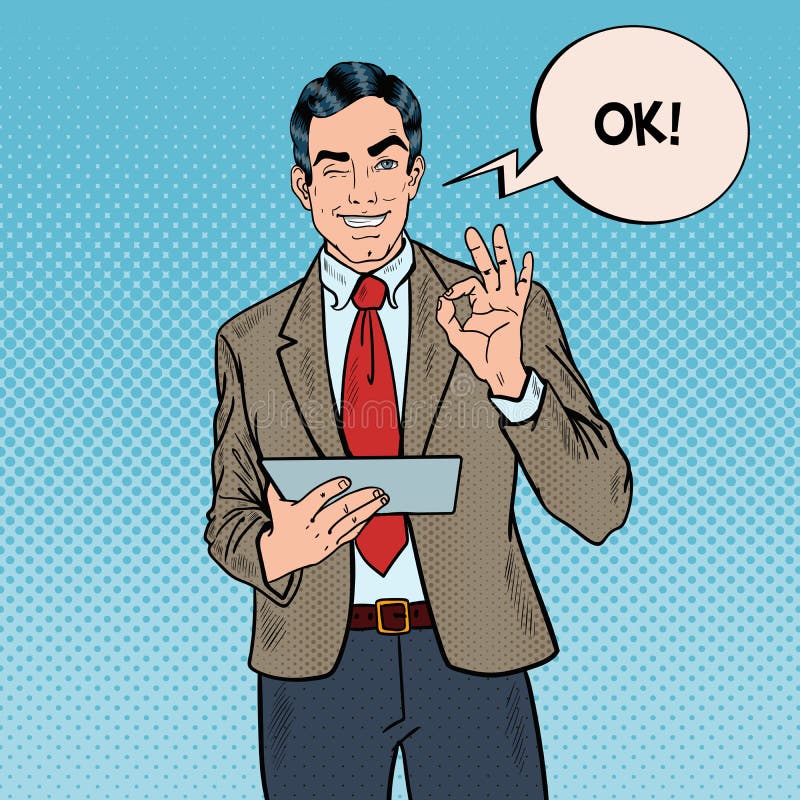 Pop Art Businessman with Tablet Gesturing OK and Winking Stock Vector ...