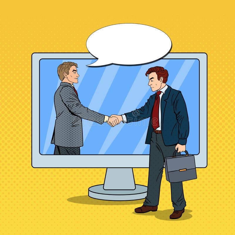 Pop Art Businessmen Shake Hands through the Computer Screen. Business ...