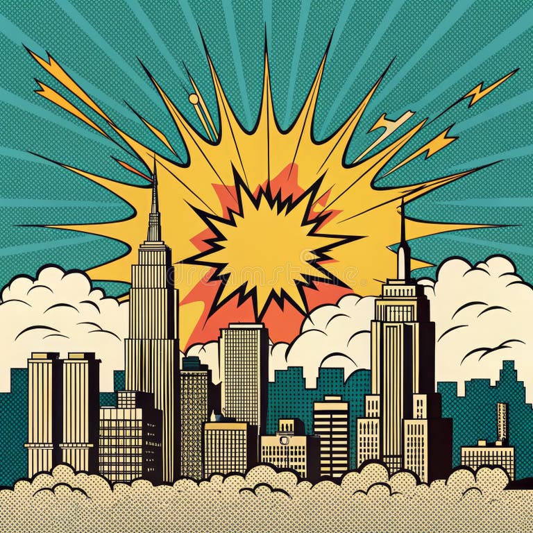 Pop Art Cityscape Exploding Metropolis, Comic Book Style, Urban Skyline ...