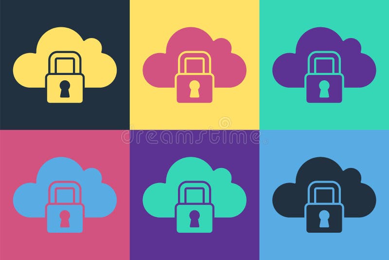 Pop Art Cloud Computing Lock Icon Isolated on Color Background. Security, Safety, Protection ...