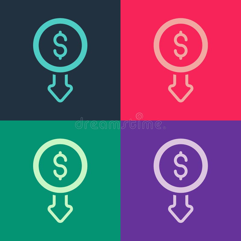 Pop Art Dollar Rate Decrease Icon Isolated on Color Background. Cost Reduction. Money Symbol ...